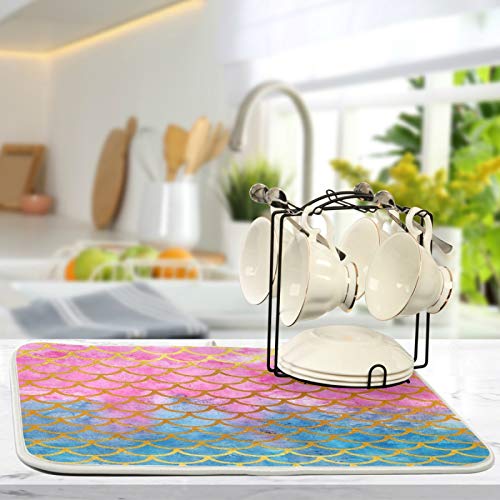 Sea Mermaid Scales Dish Drying Mat 16"x18" Absorbent Machine Washable Hanging Fast Dry Pad Dish Protective Mat for Kitchen Countertop Heat Resistant Dinner Table Mat