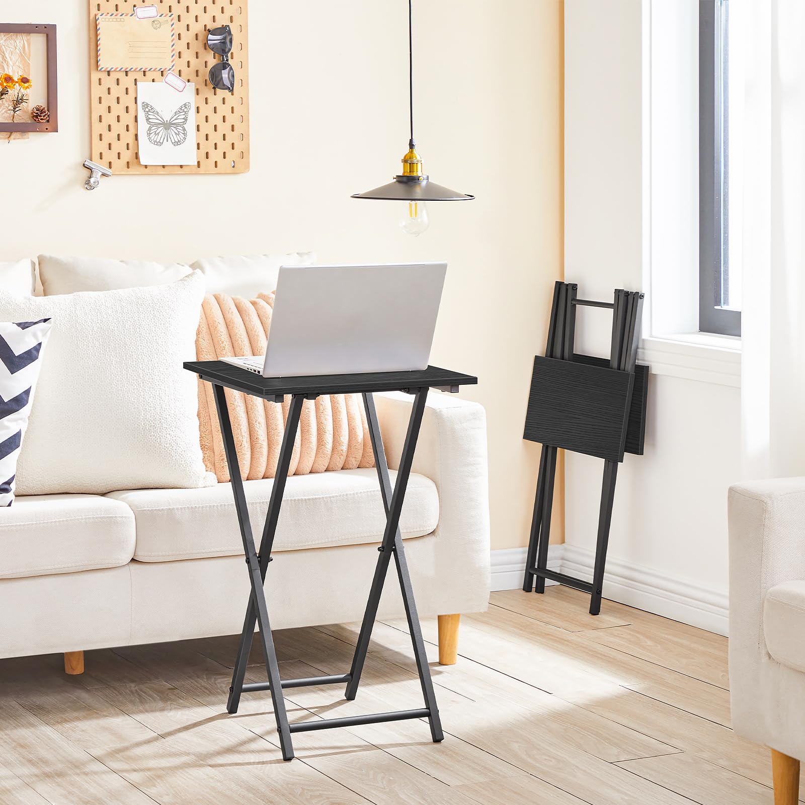 HOOBRO Folding TV Tray Table, Wooden TV Tray, Portable Sofa Side Table, Industrial Snack Table End Table for Small Spaces, Space-Saving, Easy to Install and Fold, Black BB27BZ01