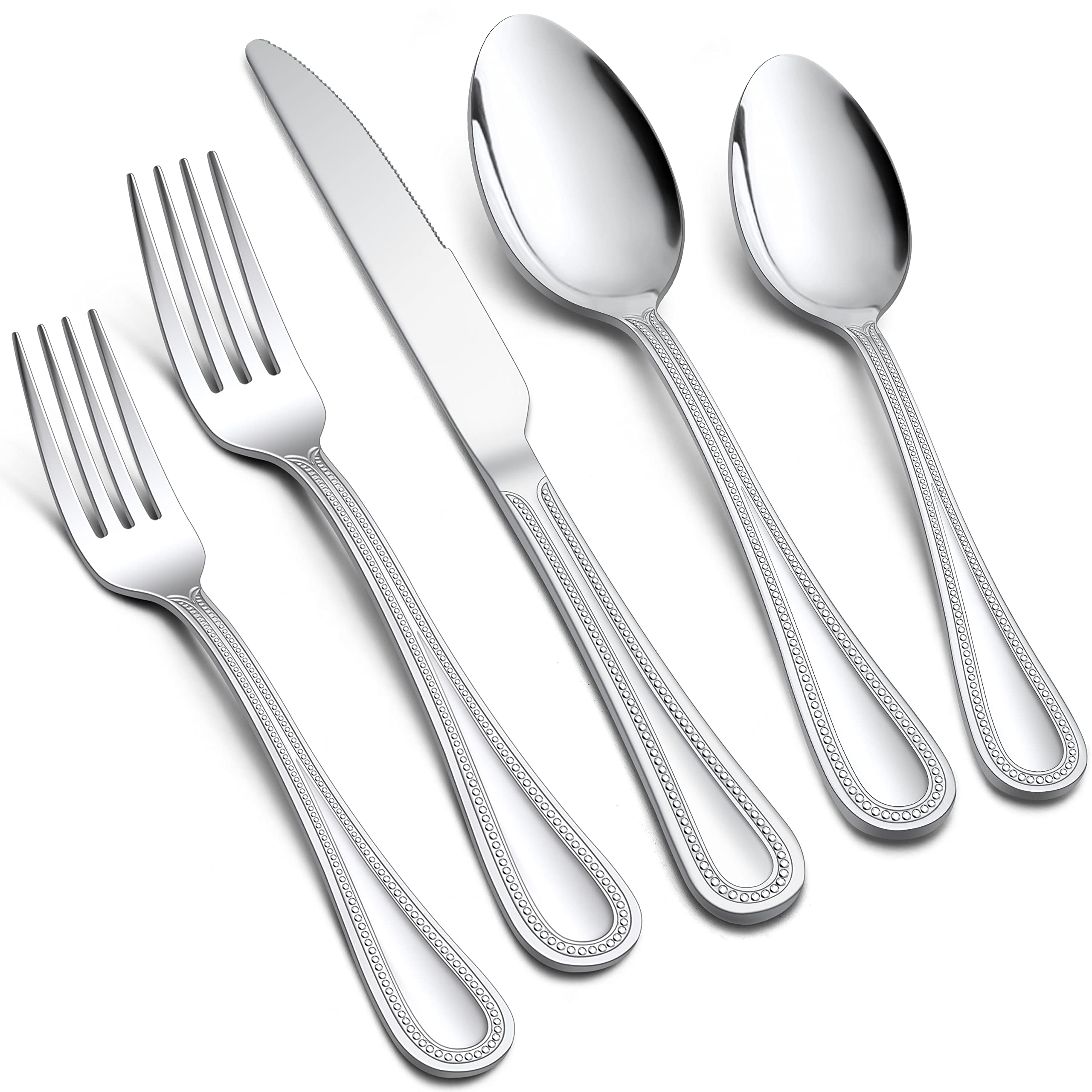 E-far 60-Piece Silverware Set for 12, Stainless Steel Flatware Cutlery Set with Pearled Edge, Include Forks Spoons and Knives, Modern Tableware Eating Utensils for Kitchen Restaurant, Dishwasher Safe