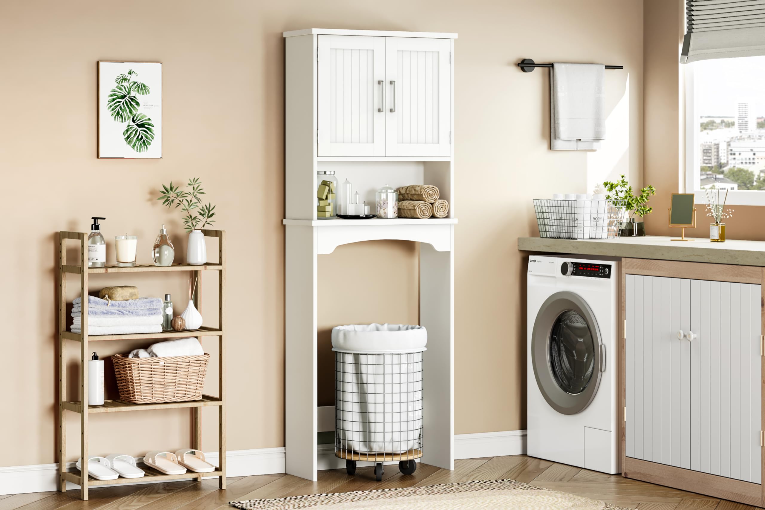 GarveeHome Over The Toilet Storage Cabinet, Double Door Bathroom Storage Organizer with Anti-Tip Device, Small Freestanding Space Saver with Open Shelf,White