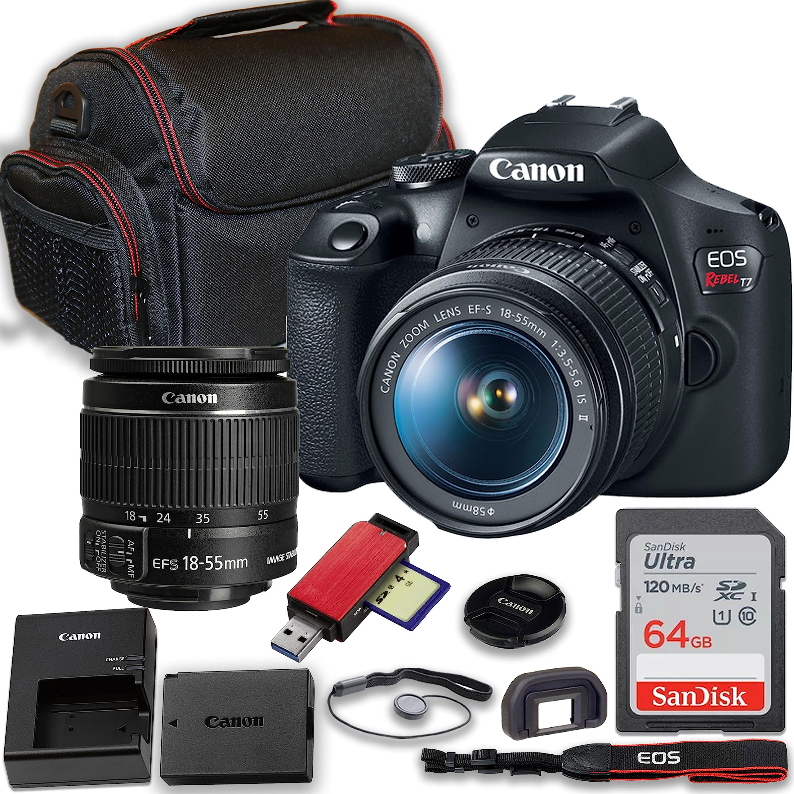 Canon EOS Rebel T7 DSLR Camera with Canon EF-S 18-55mm f/3.5-5.6 is II Lens + 64GB Memory Card + Case, Card Reader & More (Renewed)