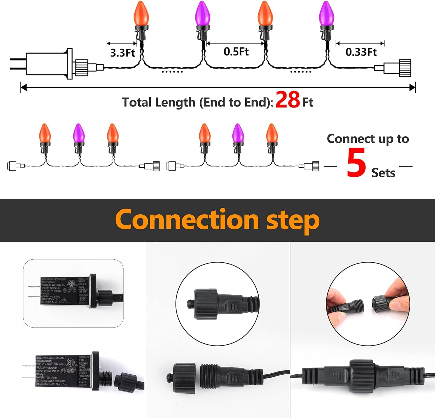 RECESKY C7 Halloween String Lights - 50 LED 24Ft Smooth Bulb Orange Purple Lights with Timing Function - Extendable 8 Modes Halloween Lighting for Indoor Lawn House Halloween Party Decorations