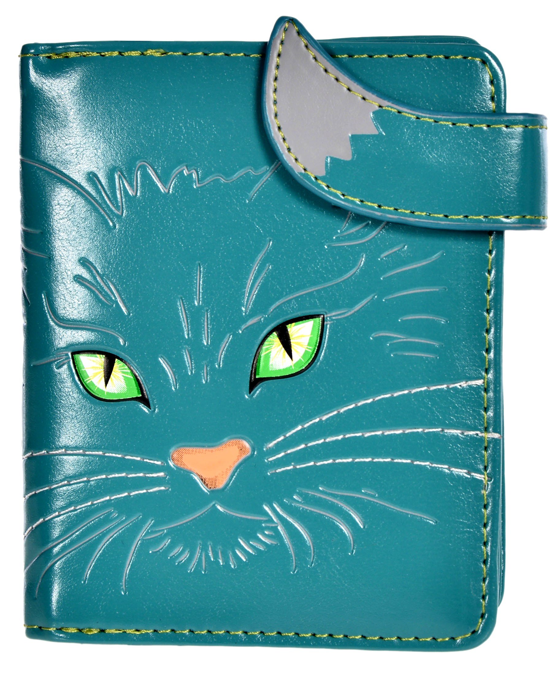 Shag Wear Women's PU Vegan Leather Colorful Slim Trendy Small Bifold Wallet with 4 Credit Card Slots, 1 Zippered Coin Pocket, and Clear ID Window (Green Eyed Kitty Teal)