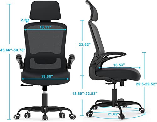 Home Office Desk Chairs, Ergonomic Office Chairs with Flip-up Armrests, Computer Desk Chairs with Lumbar Support, Office Desk Chairs with Rocking Function, Black