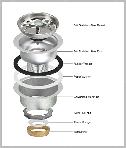 Highcraft 9753 Kitchen Sink (3-1/2 Inch) Stainless Steel Drain Assembly with Strainer Basket and Rubber Stopper Long Extended Shank (3-3/4 Inch)