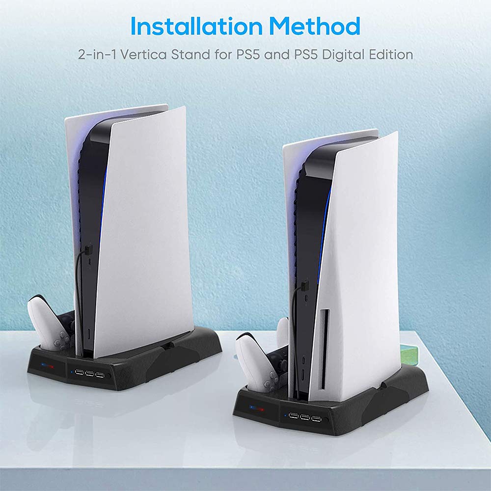 DAHAKII PS5 Vertical Stand with Cooling Fan for PS5 Digital Edition/Ultra HD Charging Dock Station with 14 Retractable Game Slots/PS5 Dual Controller Charger Ports