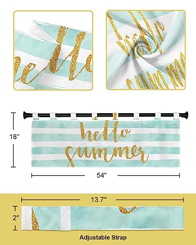 Tab Top Curtain Valance HELLO SUMMER Gold Round Spots on Blue and White Stripes Valance Curtains Light Filtering Rod Pocket Window Treatment Small Valances For Kitchen Cafe Basement, 1 Panel, 54X18In