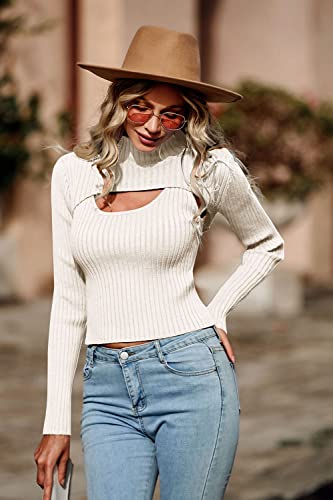 PRETTYGARDEN Women's 2023 Fashion Fall Clothes 2 Piece Cutout Tops Long Sleeve Mock Neck Rib Knit Winter Pullover Sweater (Beige White,Small)