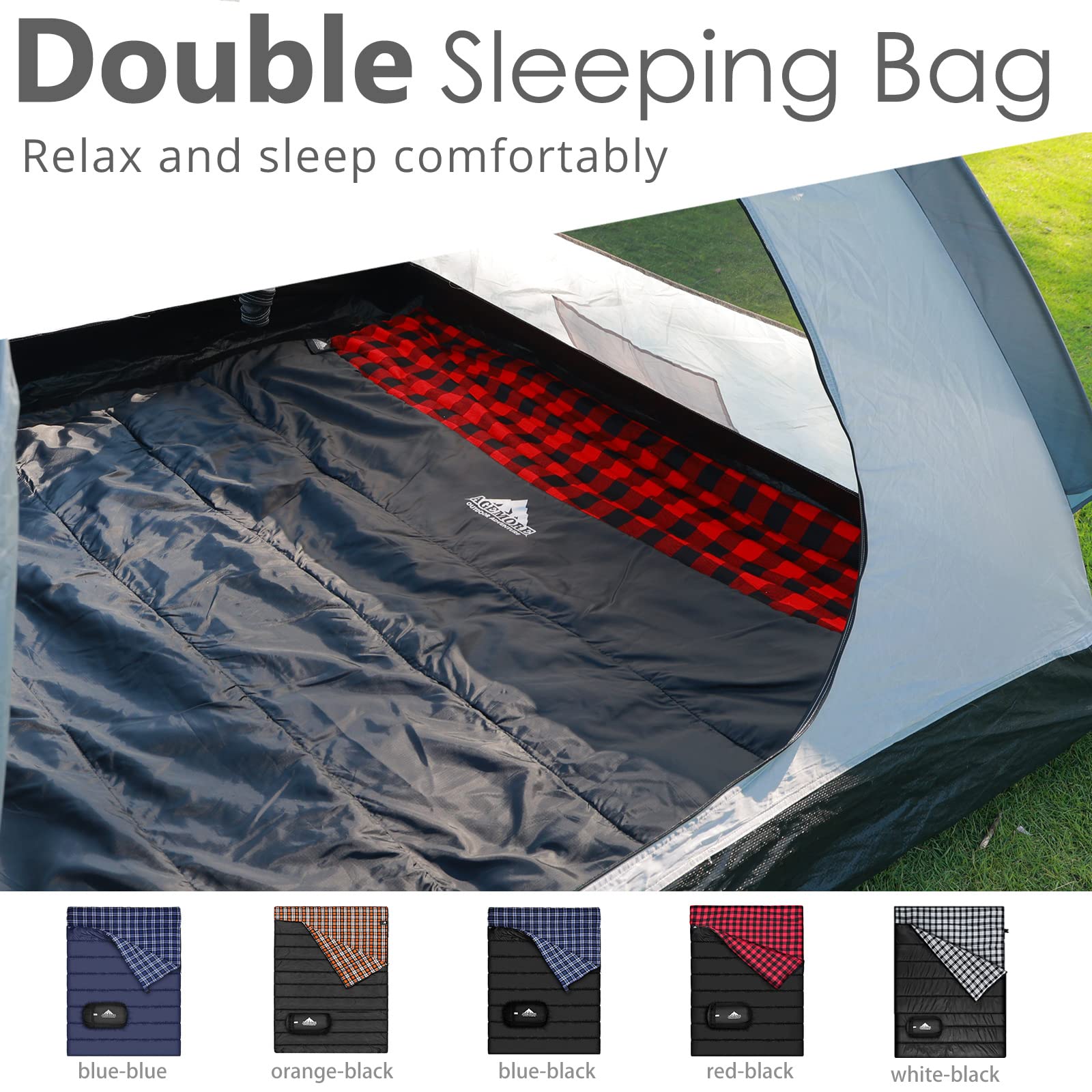 Cotton Flannel Double Sleeping Bag for Camping, Backpacking, Or Hiking. Queen Size 2 Person Waterproof Sleeping Bag for Adults Or Teens. Truck, Tent, Or Sleeping Pad, Lightweight（Pillows NOT Include）