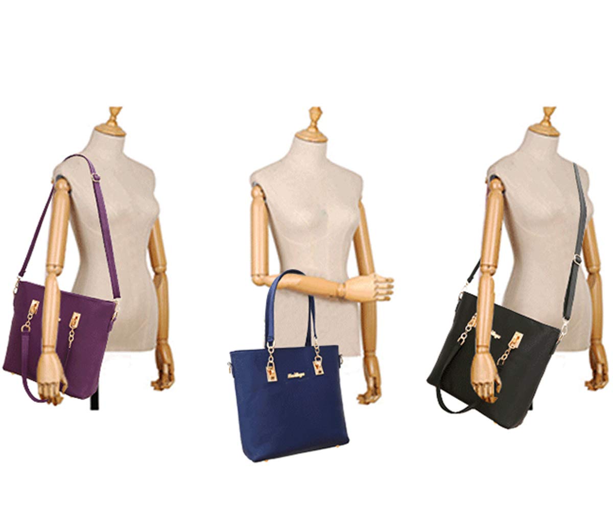 Dayfine 6-Pcs Handbags and Purses for Women Waterproof Nylon Tote Bags Shoulder Bag Backpack Wallet Zip Clutch Key Card Bag-Black