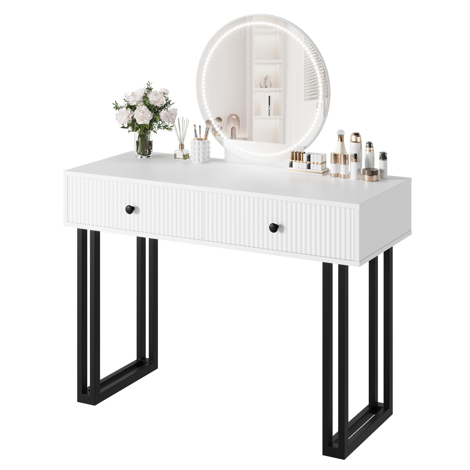 GarveeHome Vanity Desk with Mirror and Lights, Small Makeup Vanity with 2 Drawers, Modern Vanity Organizer with 3 Color Lights&Adjustable Brightness, Dressing Table for Bedroom, White