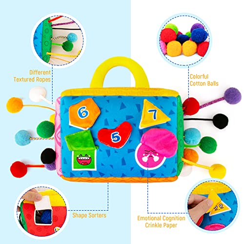 Educational 1 Year Old Activity Pull String Baby Preschool Sensory Toys for Learning Fine Motor Skills Shape Sorter Montessori Toys for Babies 6-12 Months-8 Ropes&2-Sided Bag&20 Cotton Water Balls