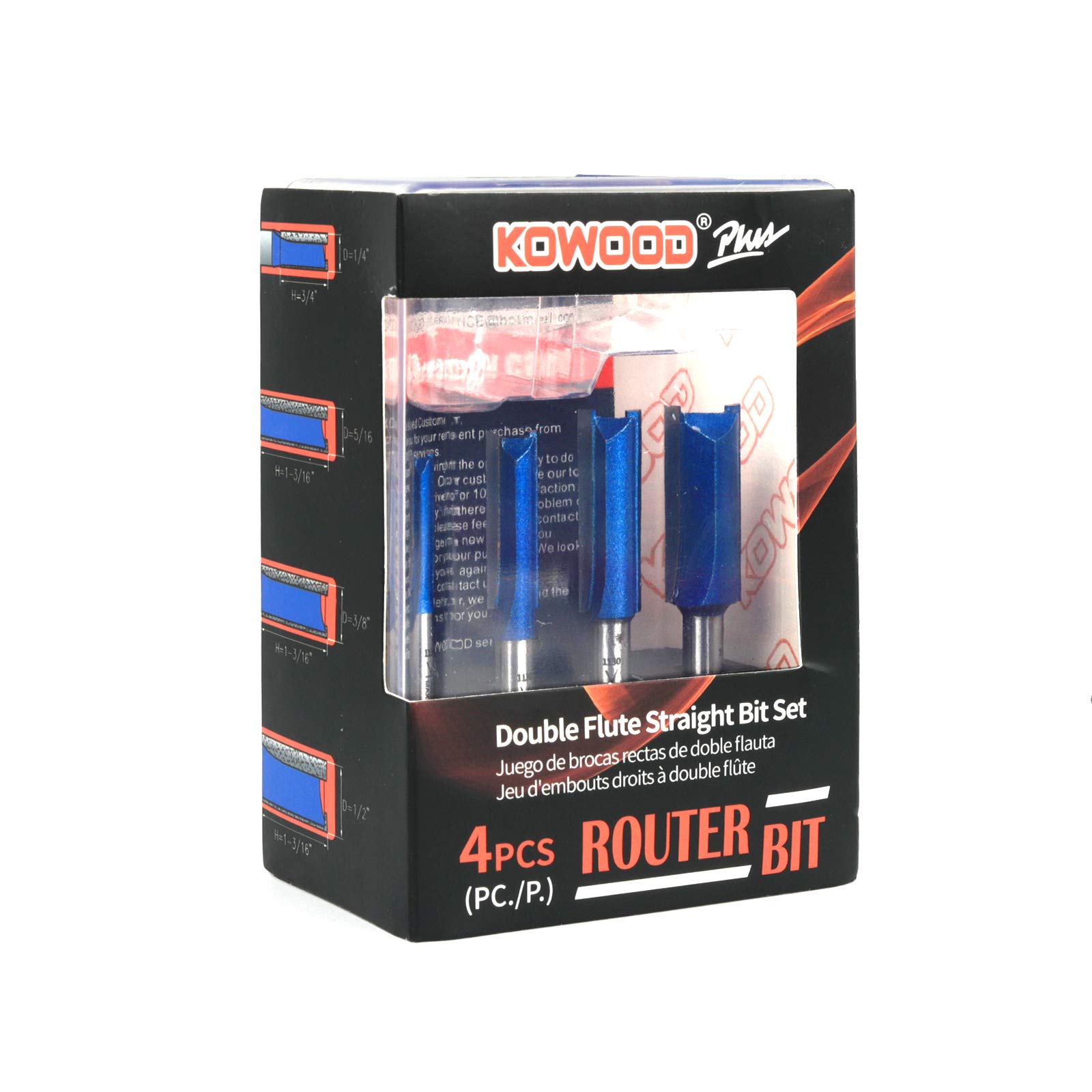 KOWOOD Plus Double Flute Straight Router Bit Set, 1/4 Inch Shank. Cutting Diameter in 1/4โ, 5/16โ, 3/8โ, 1/2โ. with updated Kowood C3 Carbide. Great for create groove, dado or hollow