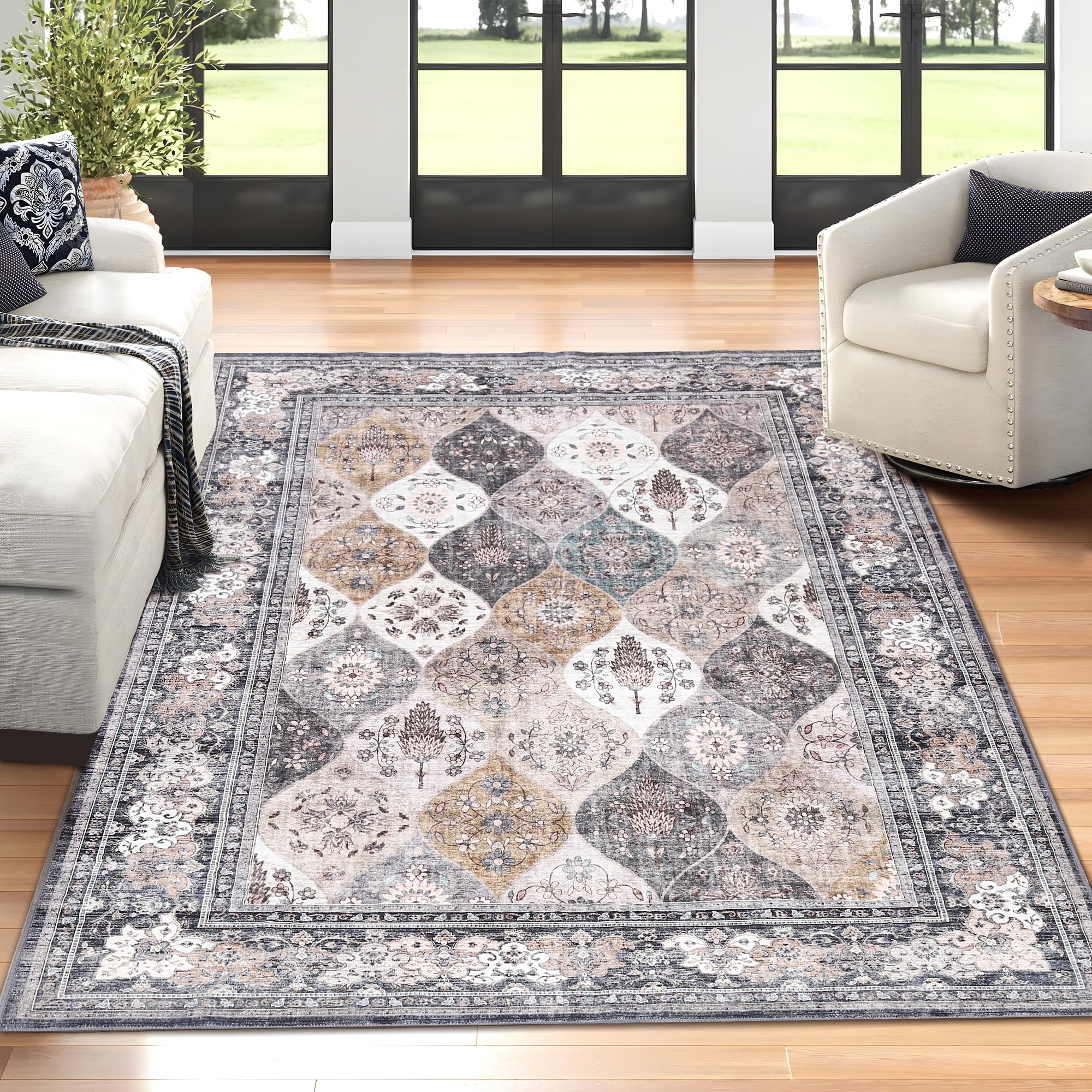 Loooom Boho Vintage Tribal Washable Area Rugs Low-Pile Floral Print Carpet Mat Indoor Decor 8x10 Light Brown for Living Room Bedroom Farmhouse Dining Room