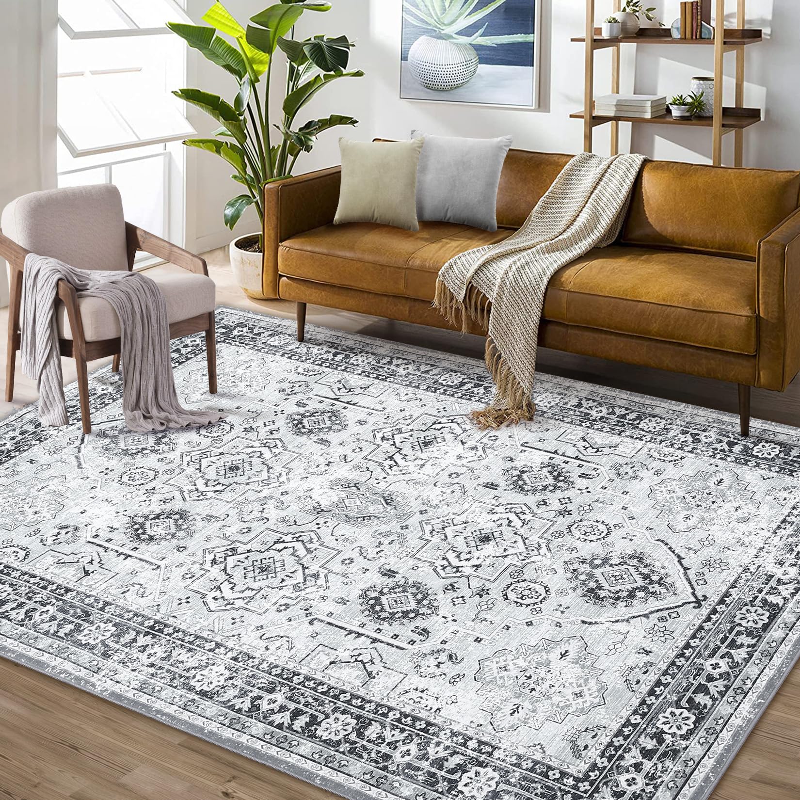 GarveeHome Washable Rugs 8x10 Area Rugs for Living Room Boho Vintage Rugs for Bedroom Indoor Floral Bohemian Oriental Large Rug Soft Non Shedding Stain Resistant Carpet for Dining Room 8'x10' Grey