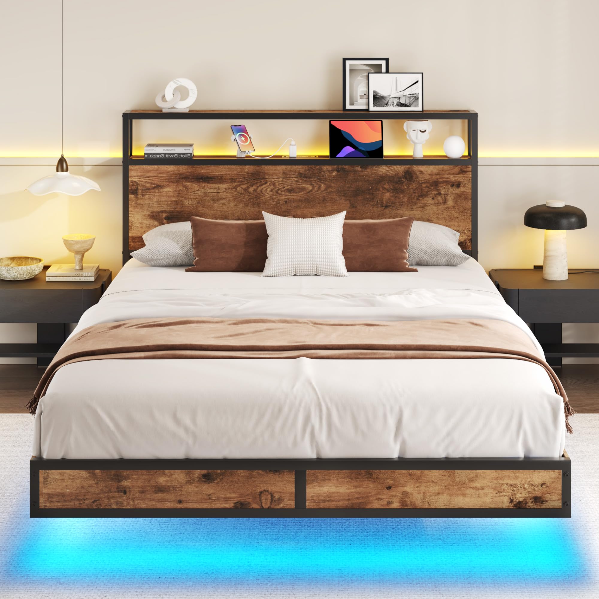 Lifezone Floating Queen Bed Frame with LED Lights, 2-Tier Storage Headboard, Metal Queen Bed Frame with Built-in Charging Ports, Noise-Free, Easy Assembly, Vintage Brown