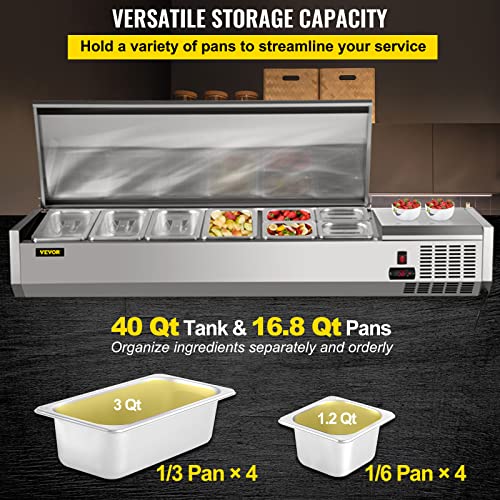 VEVOR 40Qt Sandwich Table 150W Stainless Salad Bar Refrigerated Condiment Prep Station, 60in, Silver