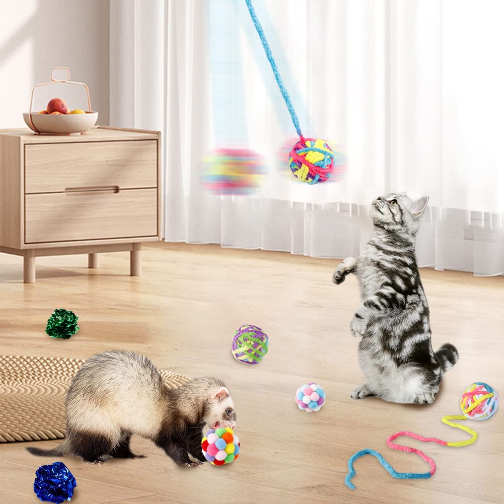CheeFun Ferret Ball Interactive Toys: Woolen Yarn Chewing Kicker Toy Balls with Bell | Colorful Pompom Balls & Crinkle Balls for Ferret Cat Kitten
