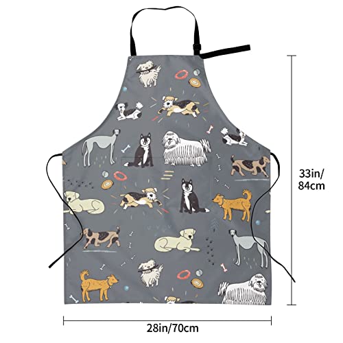 Perinsto Cute Dogs Animal (Dark Grey) Waterproof Apron With 2 Pockets Kitchen Chef Aprons Bibs For Cooking Baking Painting Gardening Grooming