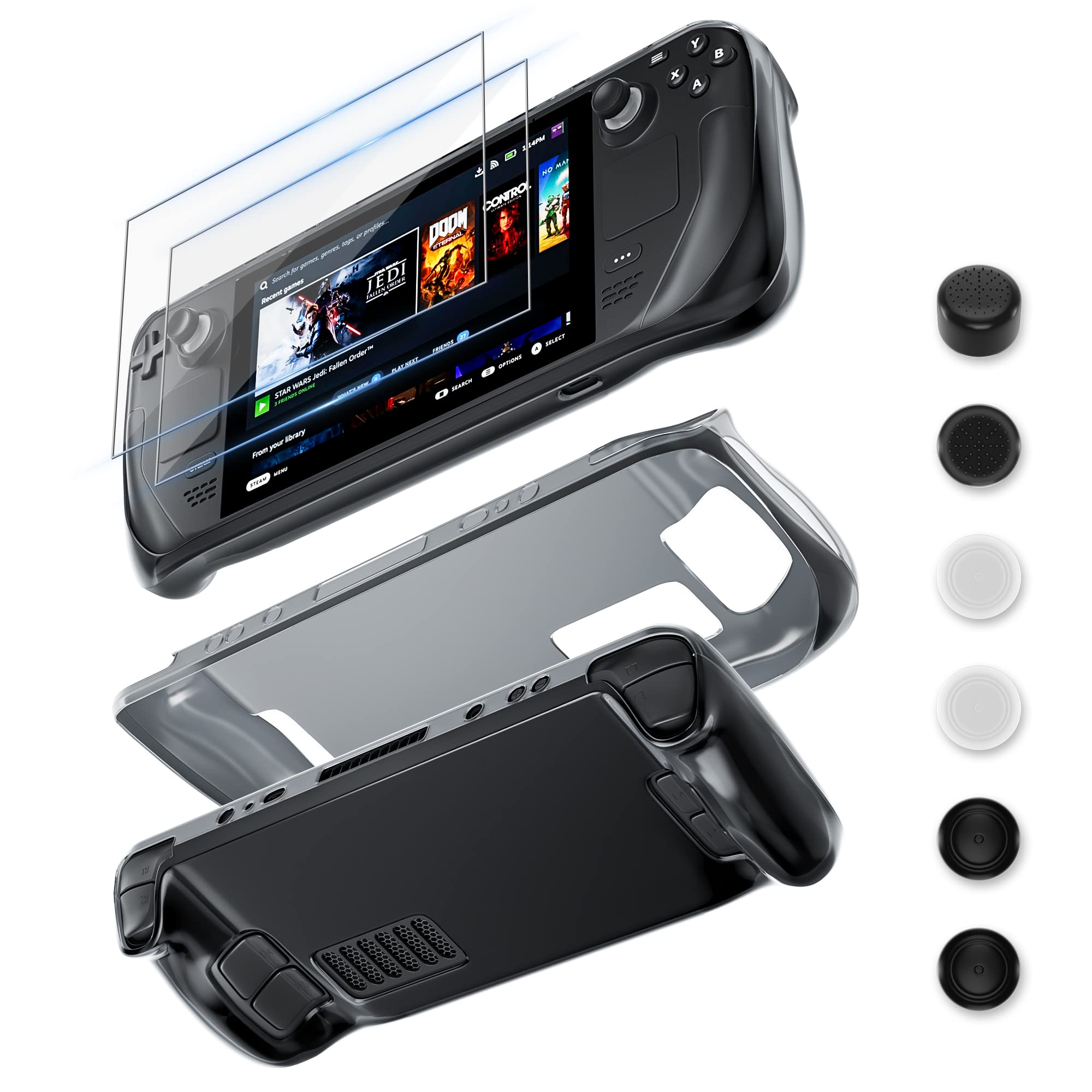 FANPL Case for Steam Deck Accessories with 2 Screen Protector Tempered Glass and 6 Thumb Grips, TPU Protective Case Cover for Steam Deck
