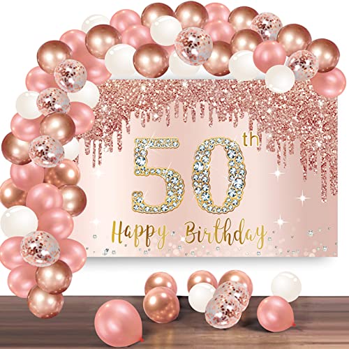 Happy 50th Birthday Banner Backdrop Decorations with Confetti Balloon Garland Arch, Rose Gold 50 Birthday Banner Balloon Set for Women, Pink 50 Year Old Bday Poster Photo Booth Decor