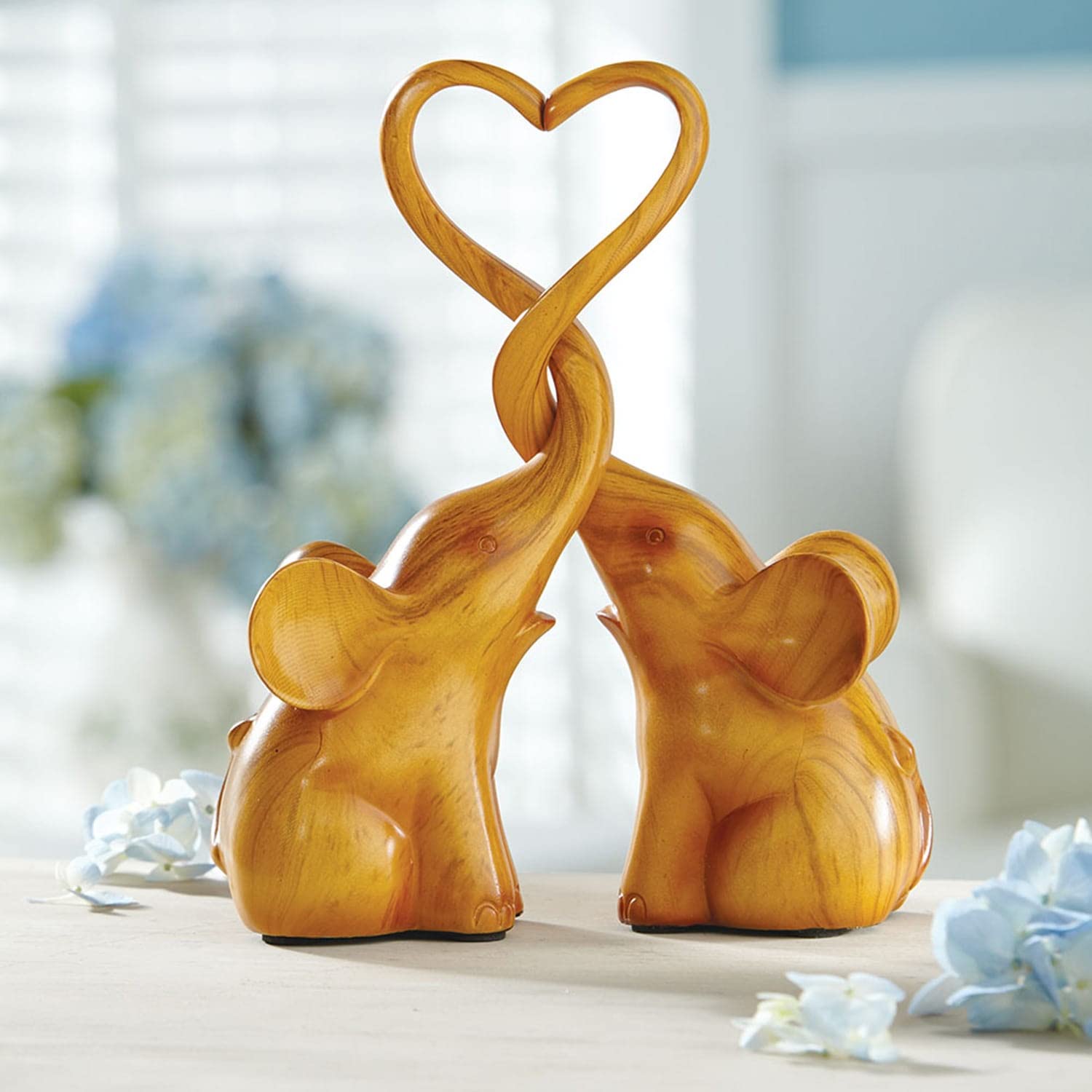 SIGNALS Loving Elephants Figurines, Wooden Elephant Statue, Elephant Figurines Home Decor