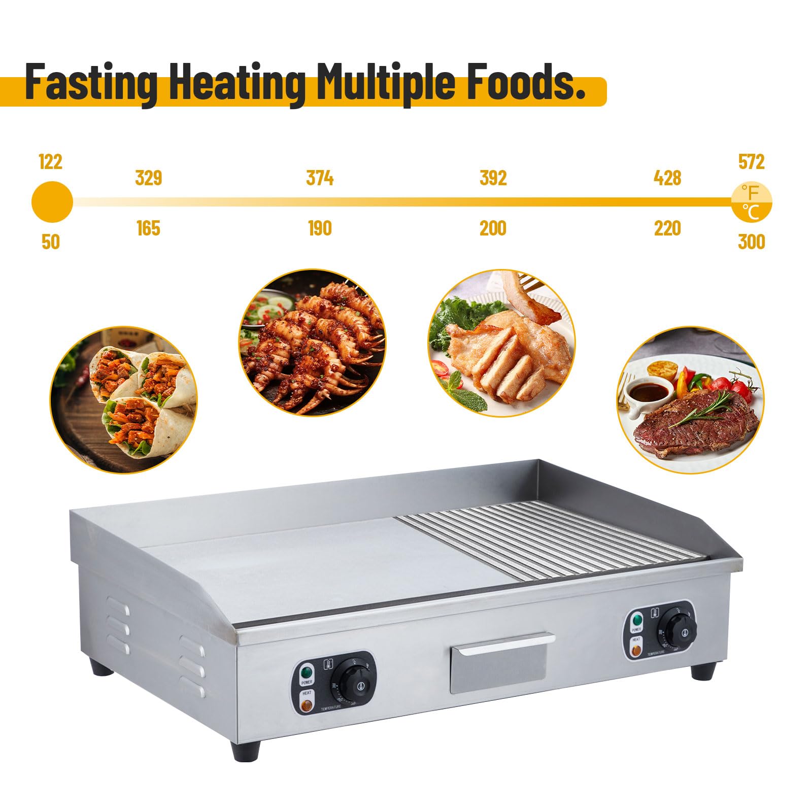 GARVEE 29" Commercial Electric Griddle, 110V, 3000W Resterant Countertop Griddle, Stainless Steel Half Grooved/Flat Top Grill with Adjustable Temperature Control 122°F-572°F(NO PLUG)