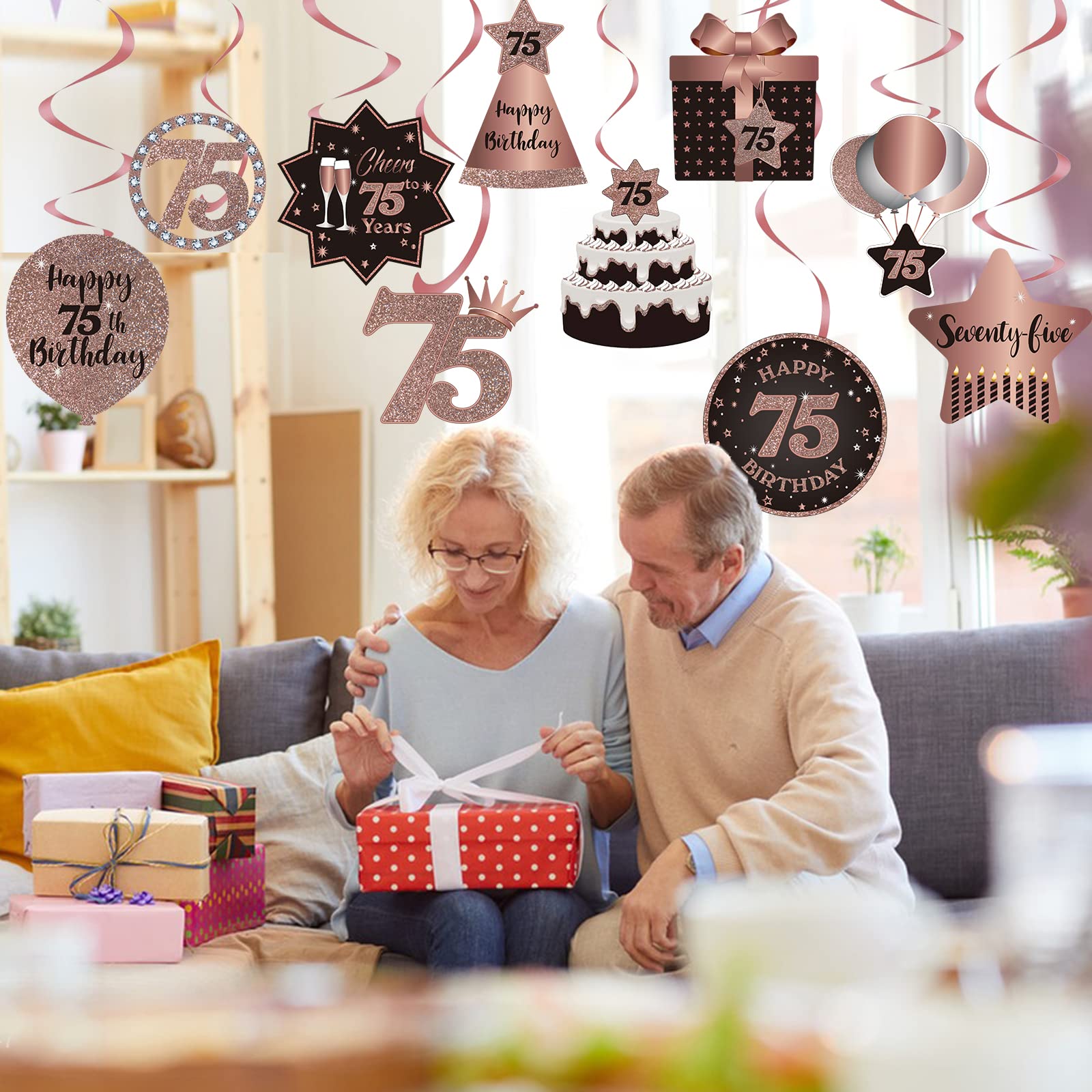 Happy 75th Birthday Hanging Swirls Streams Ceiling Decorations, Celebration 75 Foil Hanging Swirls with Cutouts for 75 Years Old Rose Gold Birthday Party Decorations Supplies
