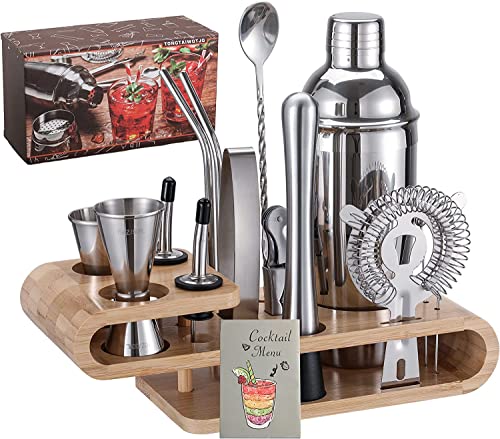 TONGTAIWQTJQ Bartender Kit Cocktail Shaker with Stylish Bamboo Stand,18-Piece Bar Tool Set with Recipes Booklet,Home Drink Mixer Set