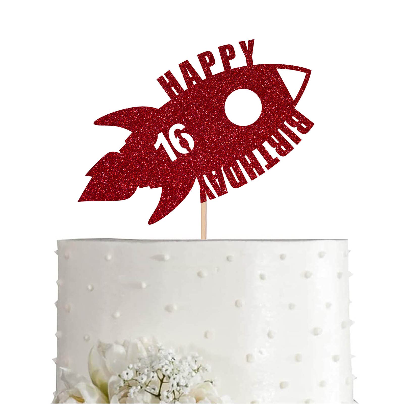 Red Rocket 16th Birthday Cake Topper, Glitter Boy Girl Space 16 Years Birthday Party Decoration