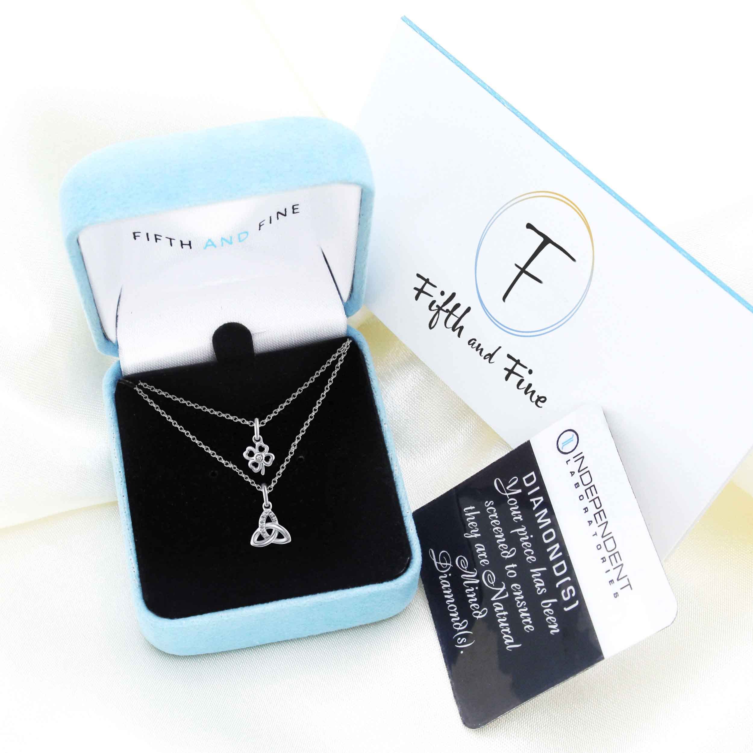 Dainty Four Leaf Clover and Celtic Trinity Knot Layered 1/20 Cttw Natural Diamond Pendant Necklace set in 925 Sterling Silver