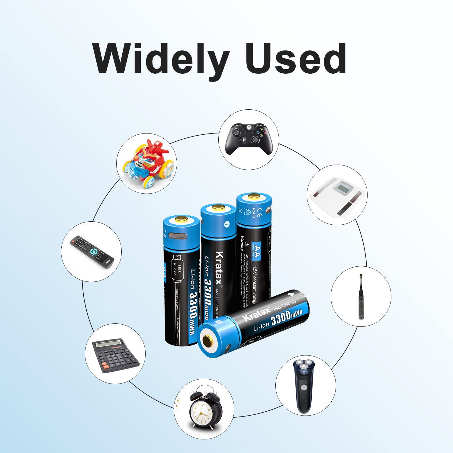 Kratax Rechargeable AA Batteries USB, 3300mWh Lithium USB Double A Batteries, 1.5V Constant Outpout, 4-in-1 USB Charging Cable, LED Charge Indicator, Over 1100 Cycles for Toys, Xbox Controller-4 Pack