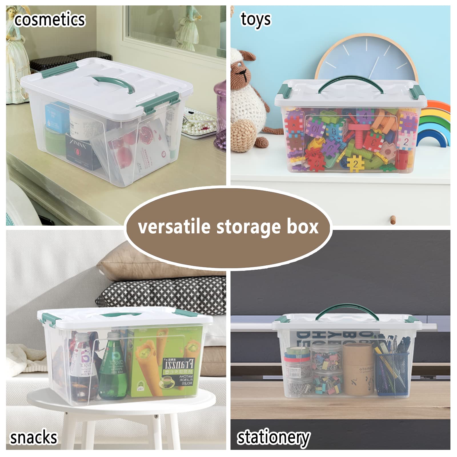 Pekky 1 Pack Plastic Small Latch Storage Box, 14 Quart Clear Lidded Storage Bin with Green Handle