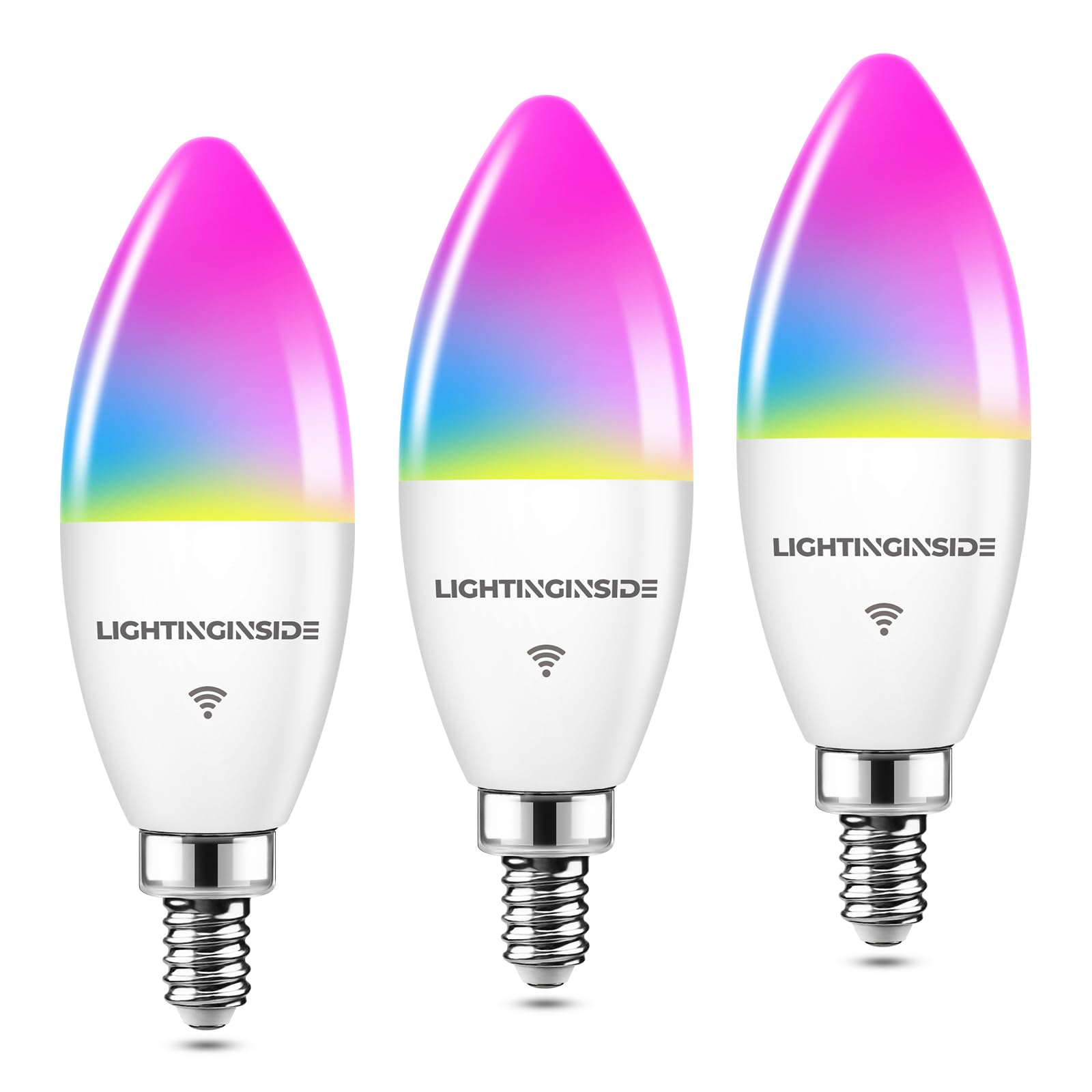 Lightinginside E12 Smart Light Bulb 60W Equivalent, 500LM 6W WiFi Candle Candelabra LED Bulb Compatible with Alexa/Google Assistant, Color Changing, No Hub Required, 2.4GHz WiFi Only, ETL Listed, 3PCS