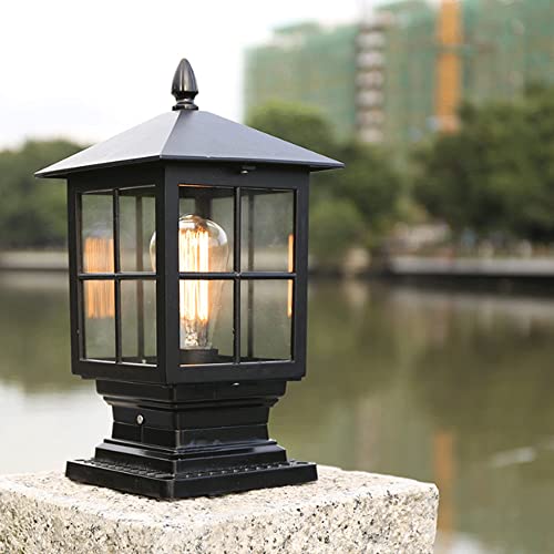 JSBDPHW European Style E27 Column Light Aluminum Pillar Lamp Outdoor Patio Fence Post Light Waterproof IP55 Glass Lampshade Villa Gate Base Landscape Light