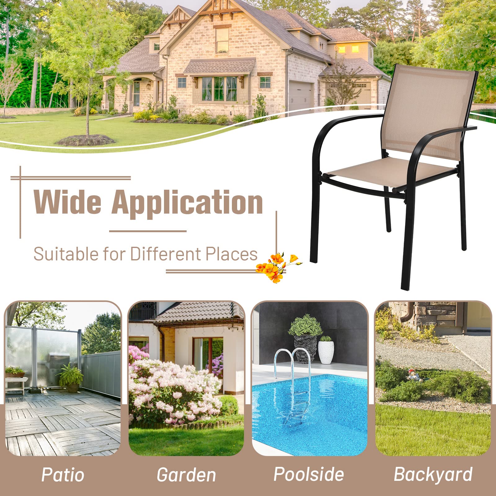Tangkula Set of 4 Patio Dining Chairs, Outdoor Stackable Chairs with Armrests, Anti-Rust Steel Frame and Quick-Drying Fabric, Outdoor Bistro Chairs for Backyard, Lawn and Garden