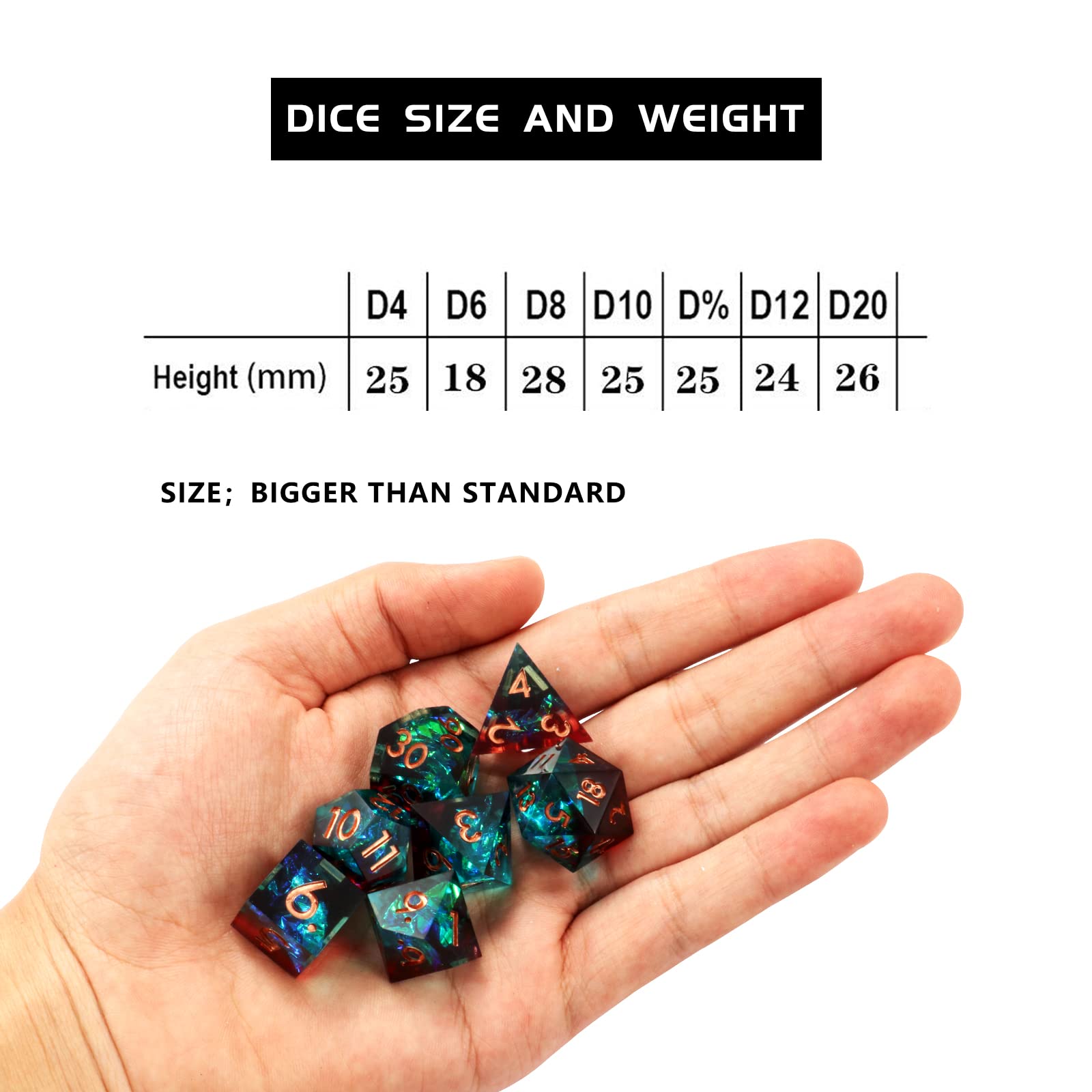 DDFE DND Dice Set 7-Die Polyhedral Resin RPG Dice Set Dice with Beautiful Glitter Inclusions for Dungeons and Dragons RPG MTG Table Games D&D Pathfinde,d and d Game Dice with Gift Box