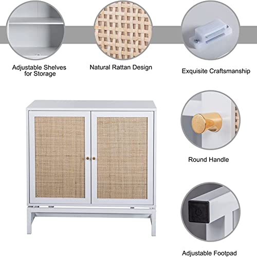 Lamerge Sideboard Buffet Cabinet, Rattan Kitchen Storage Cabinet with 2 Doors,Cupboard Console Table with Adjustable Shelves,Accent Cabinet for Dining Room, Bedroom, Hallway,White