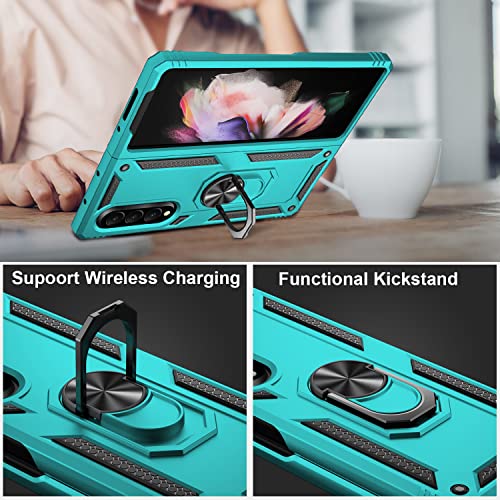 IKAZZ Galaxy Z Fold 3 Case,Samsung Z Fold 3 Cover Military Grade Shockproof Heavy Duty Protective Phone Case Pass 16ft Drop Test with Magnetic Kickstand for Samsung Galaxy Z Fold 3 Turquoise