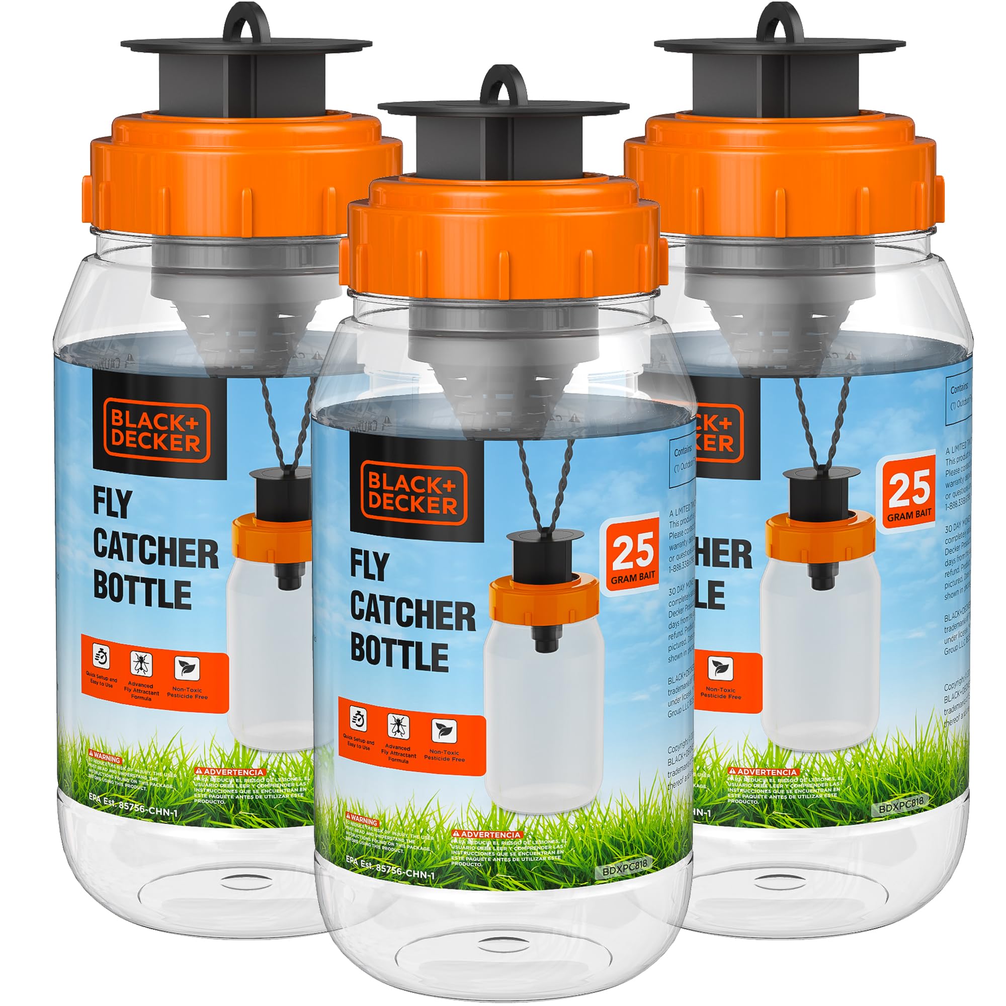 Fly Catcher Bottle- Outdoor Reusable Hanging Fly Trap- Add Water to Catch House & Horse Flies in Garden, Backyard & Barn, 25-Gram Clear Trap, 3 Pack