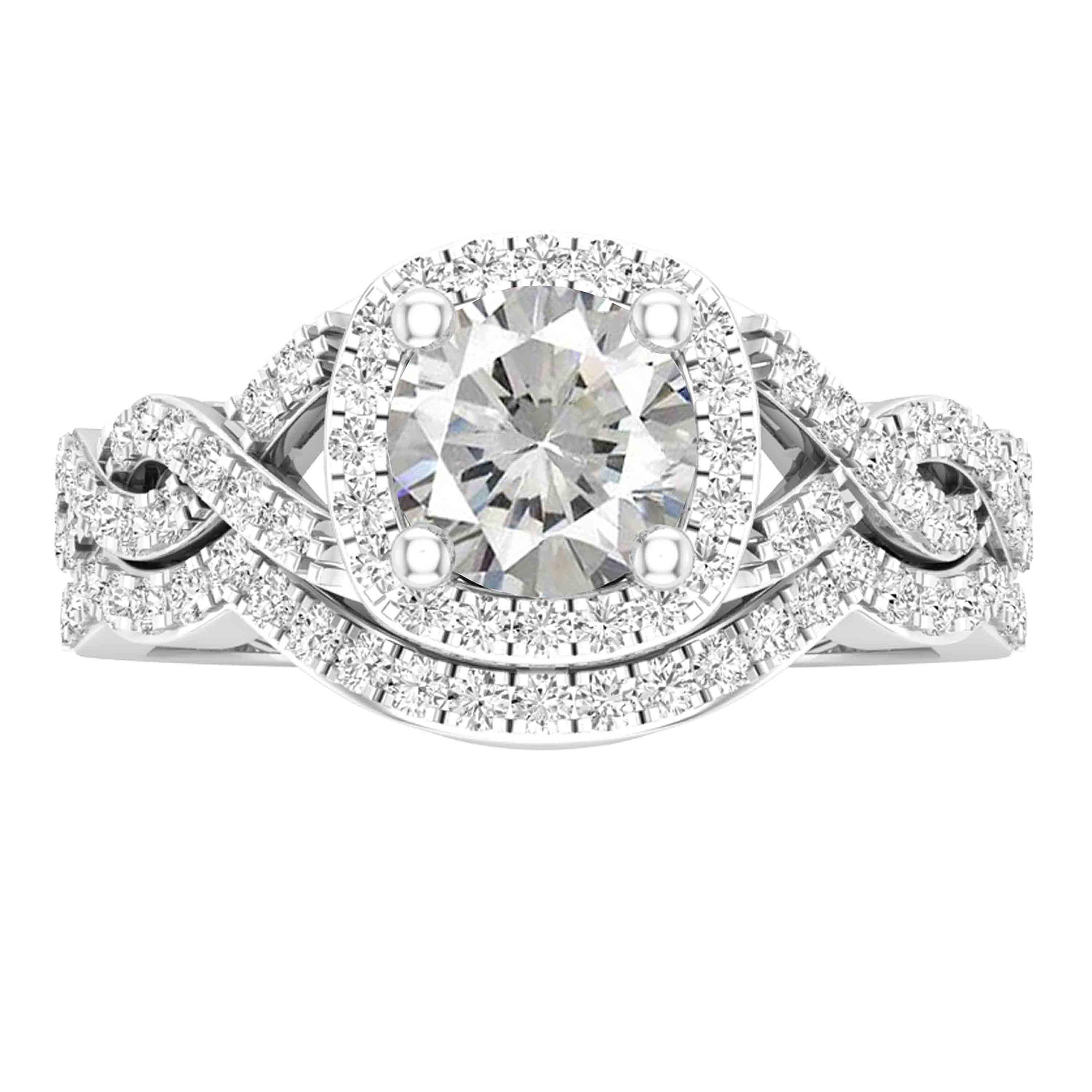 Dazzlingrock Collection 5.8 mm Round Lab Created White Sapphire & Natural White Diamond Women Twisted Style Halo Wedding Ring Set, Sterling Silver, Size 7