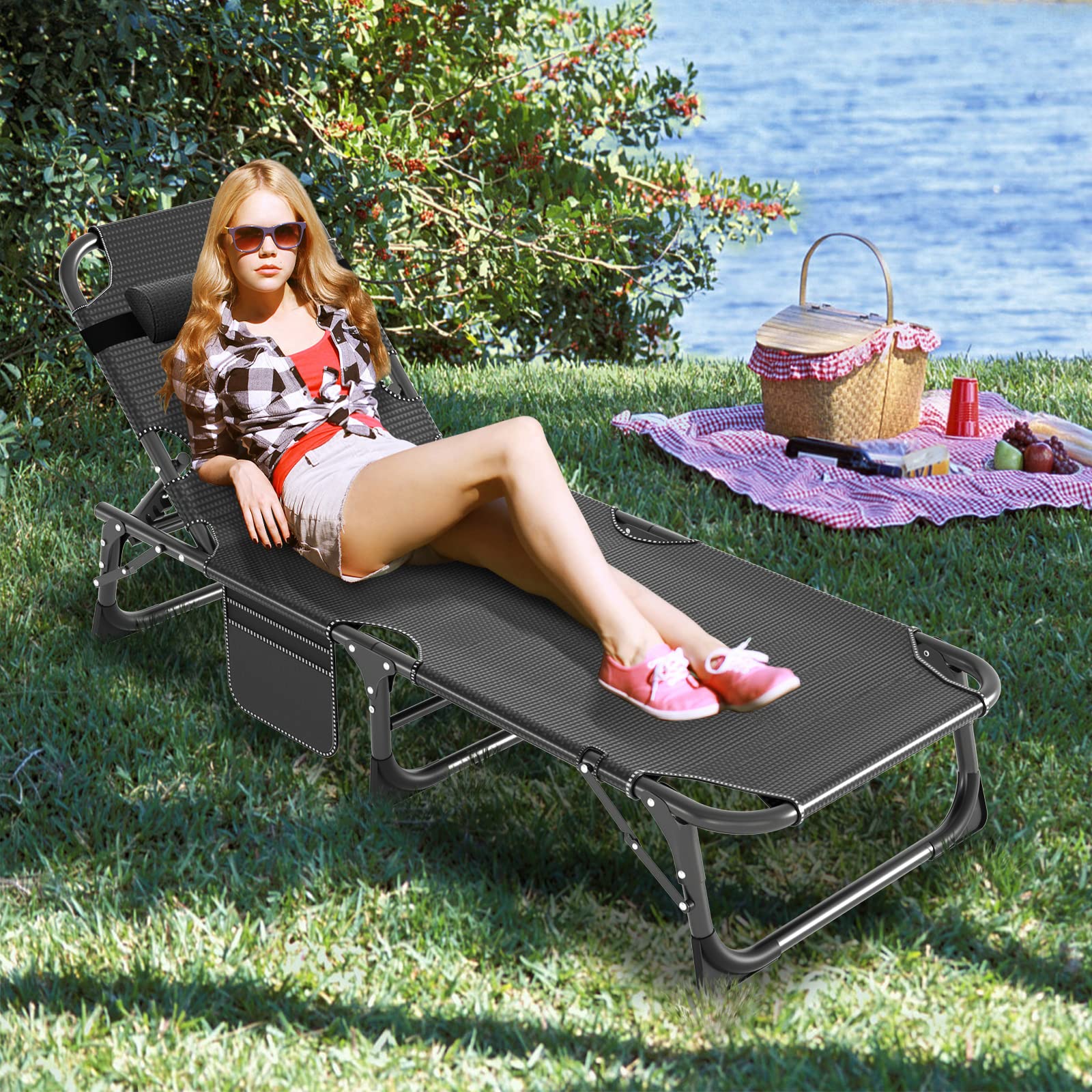 LILYPELLE Folding Outside Chaise Lounge Chair with Mattress, 5 Position Adjustable Patio Folding Lounge Chair Reclining Chairs Perfect for Sunbathing, Camping, Pool, Beach, Patio