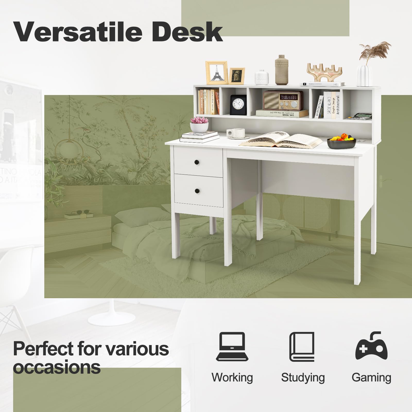 GLOBALWAY48β Computer Desk, Study Writing Desk with 5-Cube Hutch, 2 Drawers & Charging Station, Home Office Workstation for Living Room, Study & Bedroom, White