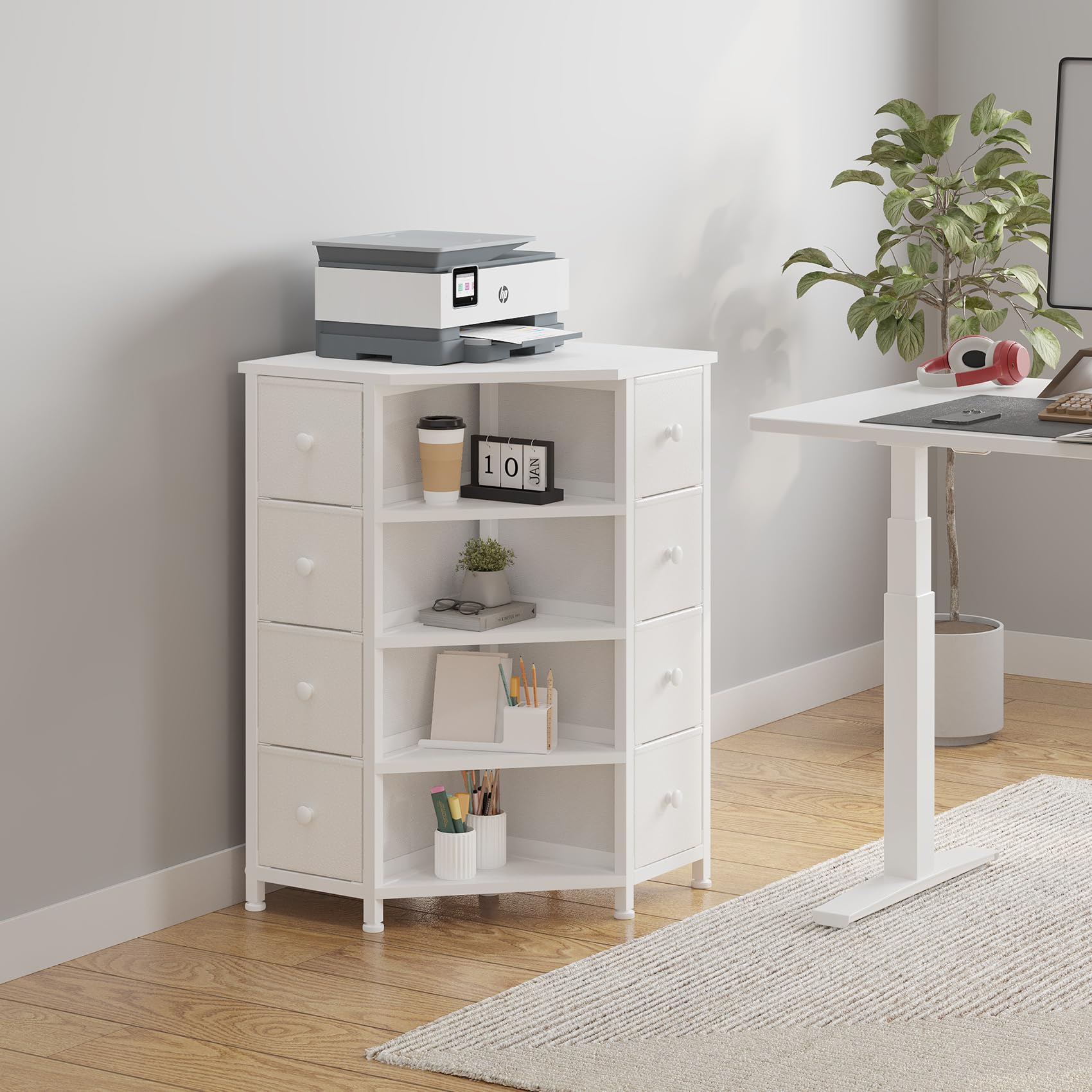 LUMTOK 8 Drawers Corner Dresser with Storage Fabric Drawers and Open Shelves for Small Space,Bedroom,Entryway,Living Room(White)