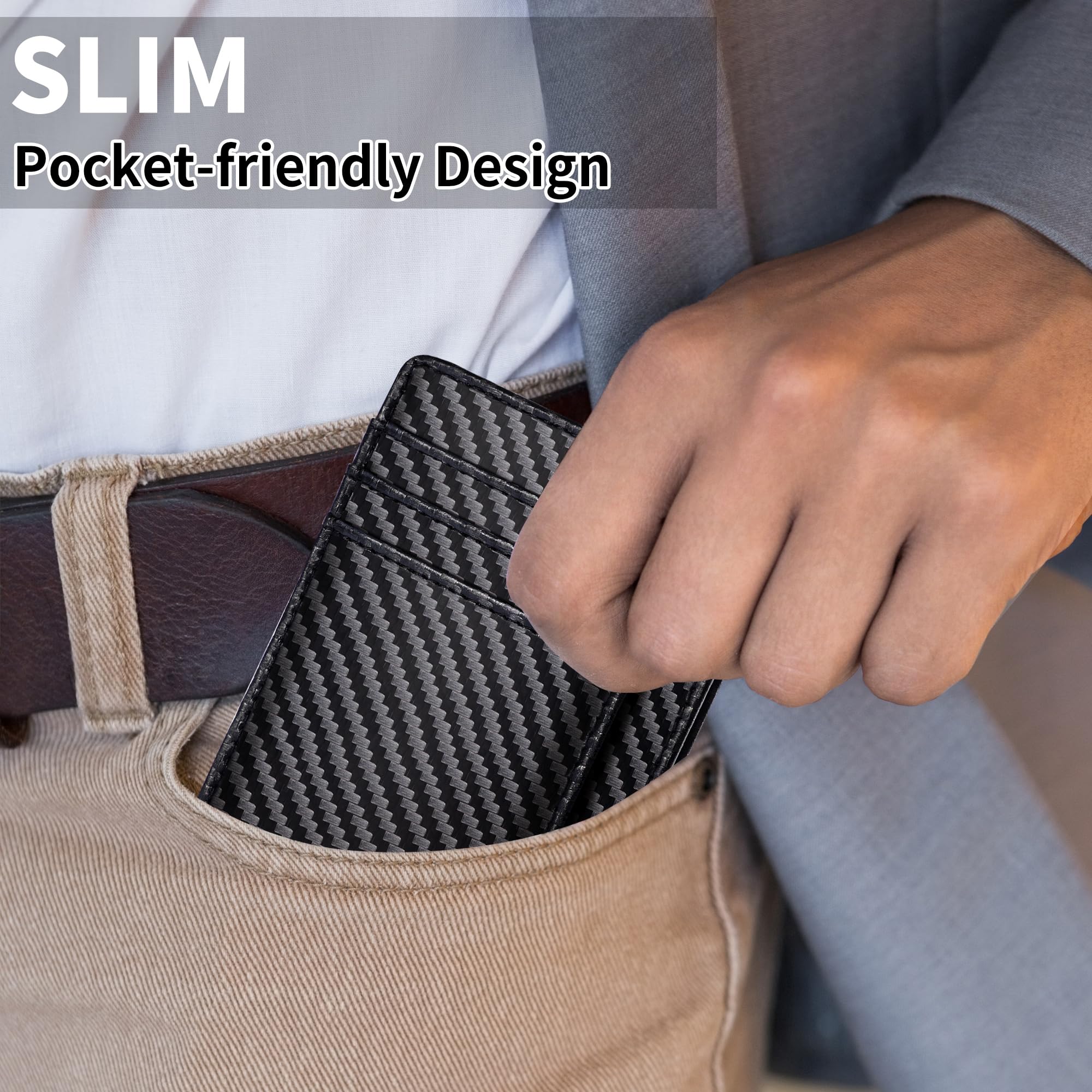Chelmon Slim Wallet for Men, Minimalist Front Pocket RFID Blocking Faux Leather Slim Wallet Secure Credit Card Holder for Men (Black Carbon)