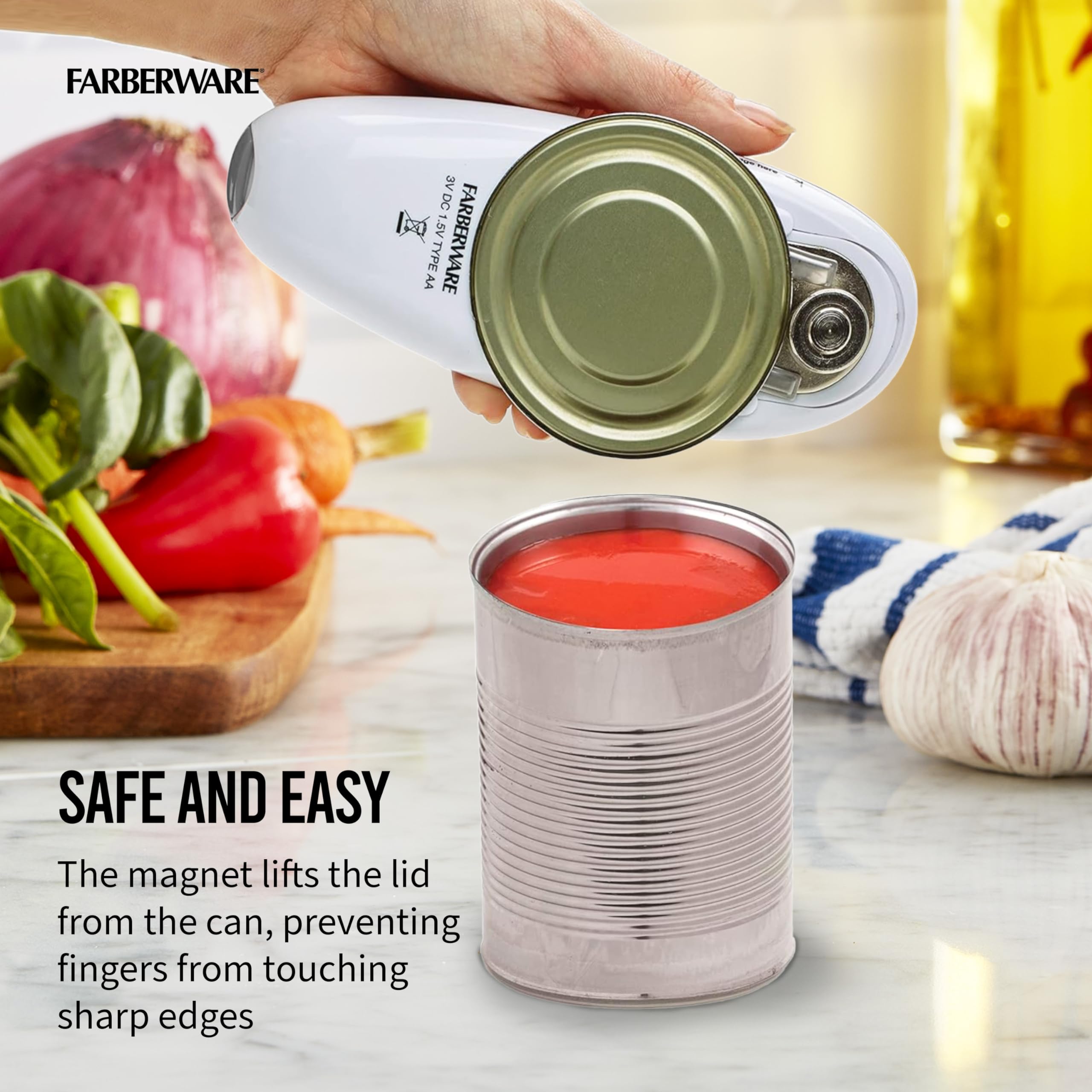 Farberware Compact Battery Operated Hands-Free Automatic Can Opener for any Size Can with Magnet to Safely Remove Lid, Seamless Opening Decreases Sharp Edges for Easily and Safely Opening Cans, Gray