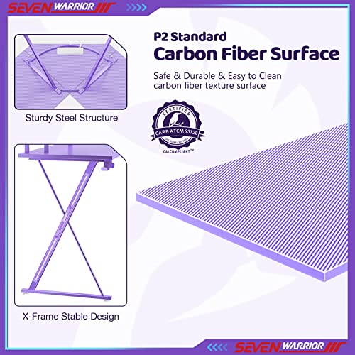 SEVEN WARRIOR Gaming Desk 50.4” with LED Light & Power Outlets, L-Shaped Gaming Desk Carbon Fiber Surface with Monitor Stand, Ergonomic Gamer Table with Cup Holder, Headphone Hook, Purple