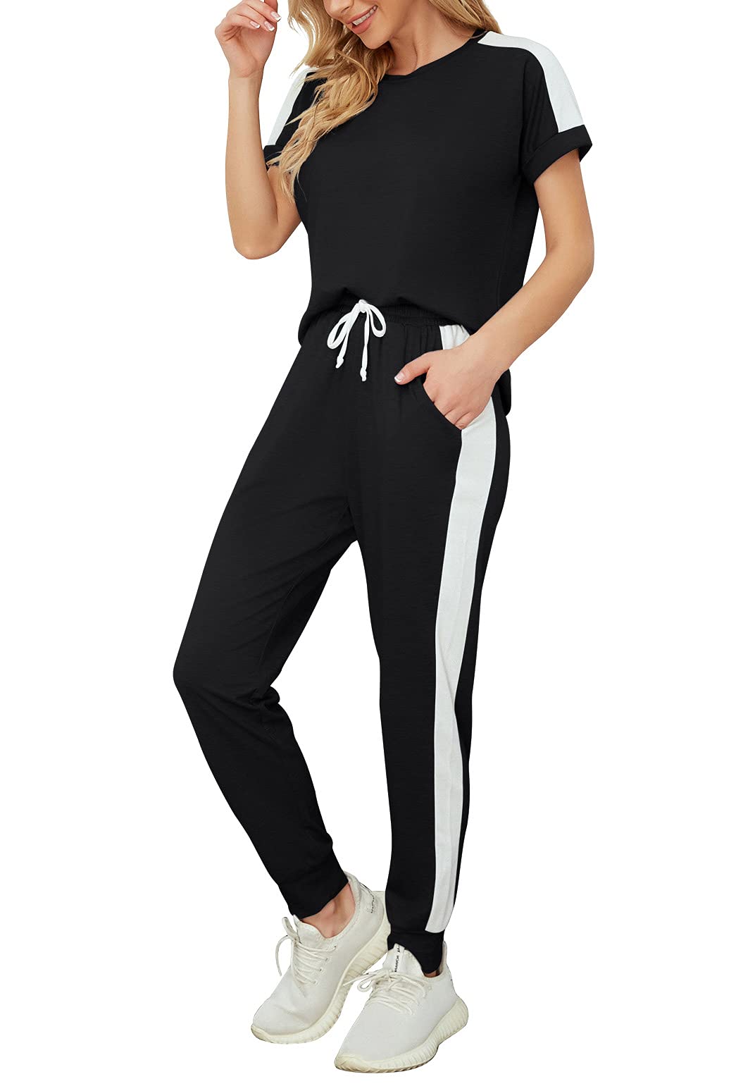 DEARCASE Women's 2 Piece Outfits Casual Short Sleeve Top Long Pant Sweatsuits Tracksuits Black Large