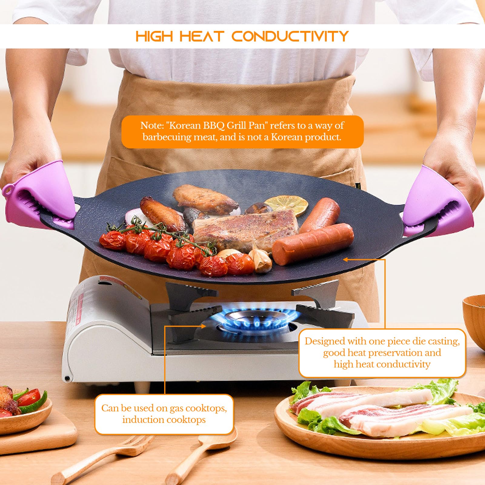 Korean BBQ Grill Pan, Aluminum Non Stick Korean Grill Pan, High Heat Conductivity Griddle Pan for Barbecue, Camping and Other Outdoor Activities (30cm)