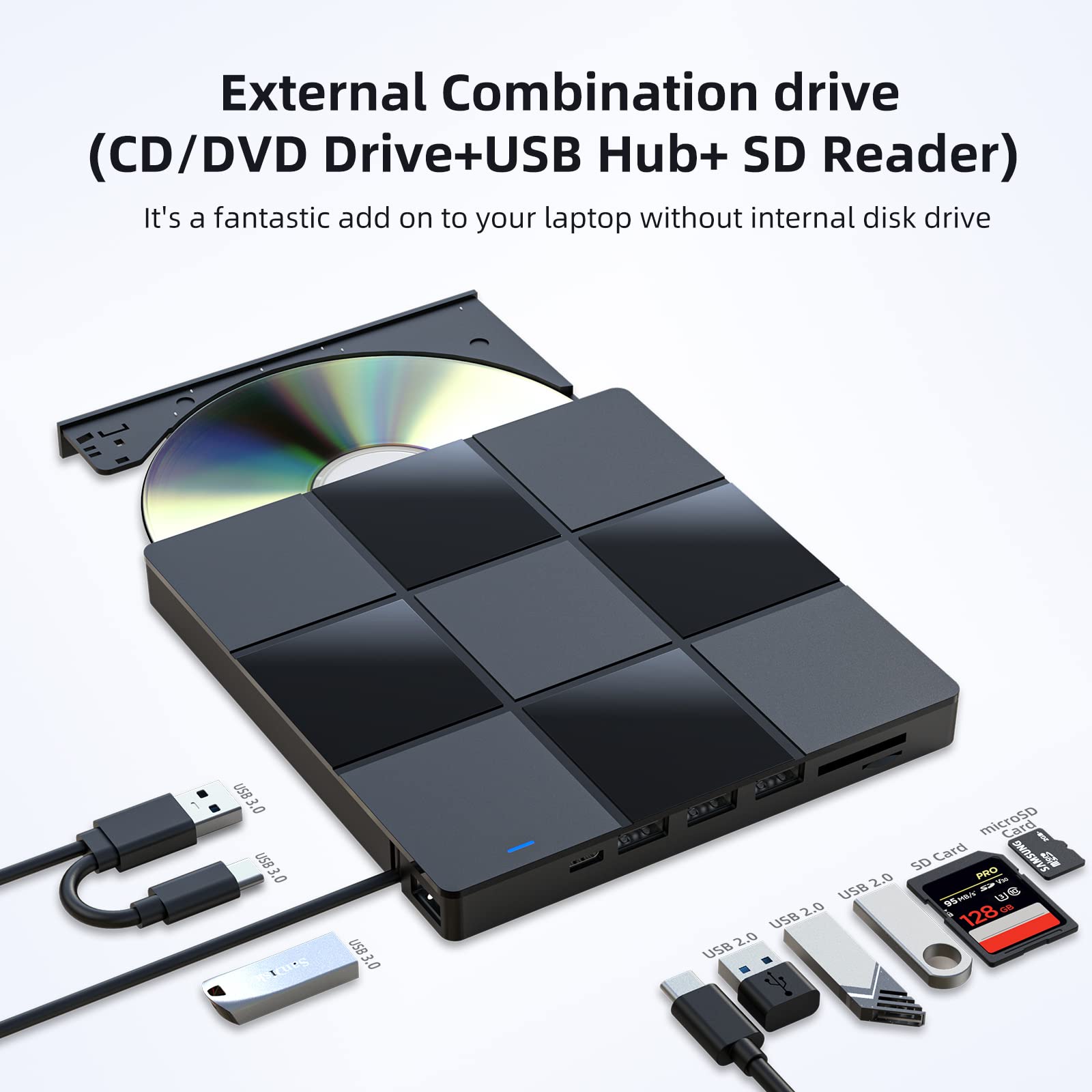 FOESUNIT External DVD Drive, USB 3.0 CD DVD +/- RW Burner - PLUG and PLAY - Optical DVD CD ROM Drive for Laptop PC Computer, USB CD DVD Adapter Compatible with Windows 11/10 Mac OS